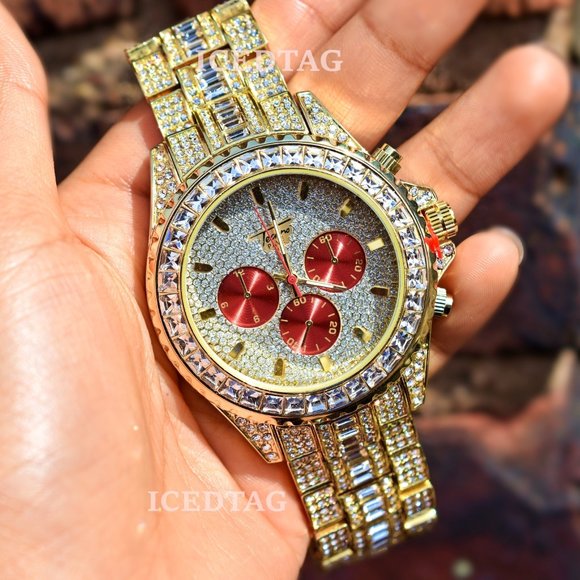 Accessories | Mens Full Iced Out Chronograph Red Face Watch | Poshmark